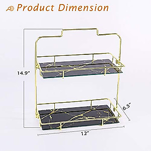 Simmer Stone Makeup Organizer Shelf, 2 Tier Cosmetic Storage Basket with Removable Glass Tray, Wire Vanity Organizer Rack for Dresser, Countertop, Bathroom and More, Gold