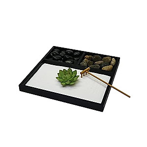 Nature's Mark Mini Zen Garden Kit for Desk with Rake, White Sand, Lotus Figure, 3 Sections Black Square Base, River Rocks and Black Rocks (9Lx9W C)