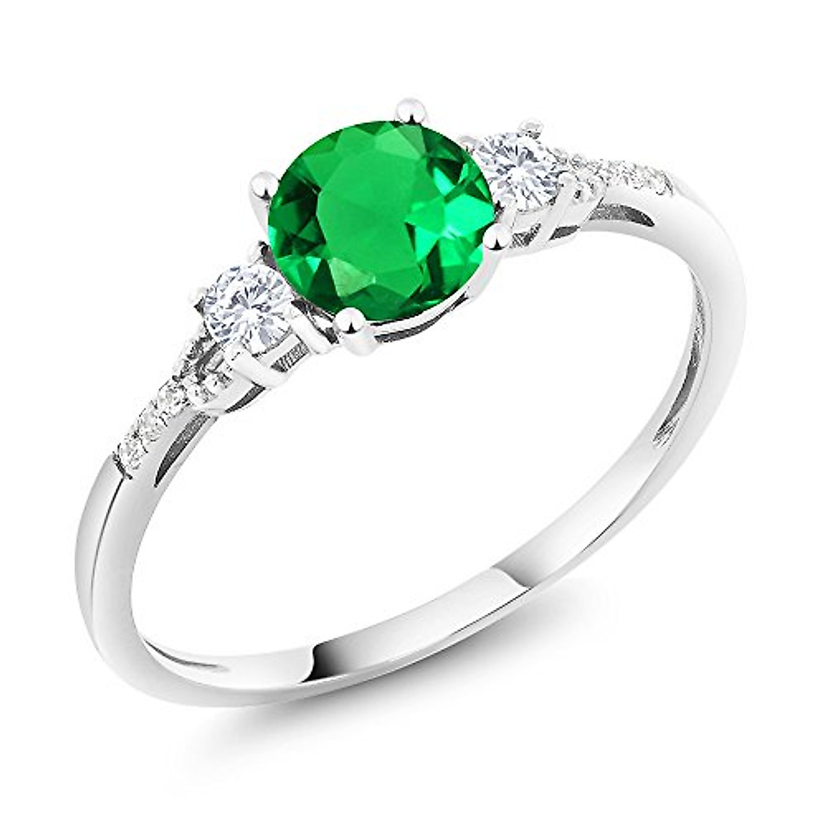 Gem Stone King 10K White Gold 6MM Round Gemstone Birthstone White Created Sapphire & White Diamond Accent 3-Stone Engagement Ring | Three-Stone Wedding Anniversary Promise Ring For Women