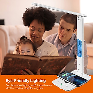 poukaran LED Desk Lamp with Wireless Charger, USB Charging Port, Office Table Lamp with Clock, Alarm, Date, Temperature for Home Office, White