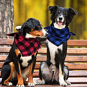 2 Pack Cotton Bandanas Handkerchiefs Scarfs Triangle Bibs - Outdoor Dog Scarf Washable Cotton Checkered Pet Bandanas for Small Medium Large Dogs (Red & Blue)