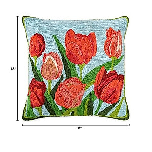 Plow & Hearth Indoor/Outdoor Pink Tulips Hooked Polypropylene Throw Pillow, Finely Detailed, All-Weather, Durable Polypropylene/Poly-Canvas Cover, Easy to Clean, Machine Washable, 18" sq.