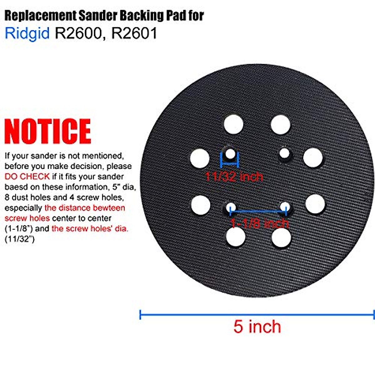 5" Hook and Loop Sander Pad for Ridgid R2600, R2601 Random Orbit Sanders - Replacement for Pad Part Number 300527002 - with Extra Hard Backing