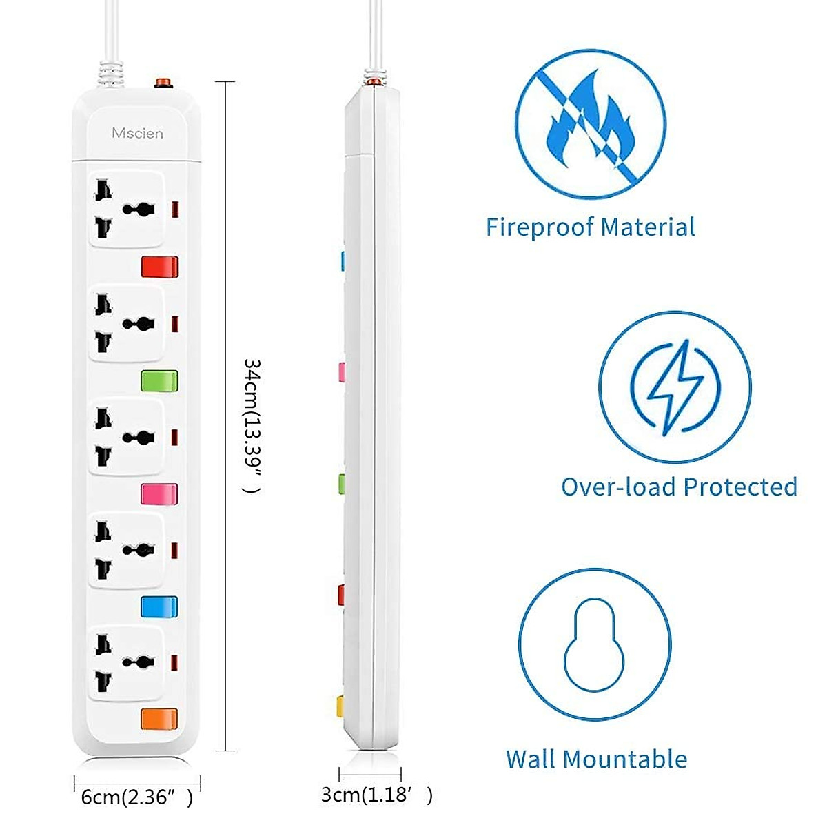 Mscien European Travel Plug Adapter Individual Switched, 5 Way Universal Power Strip with 1.8M Extension Cord