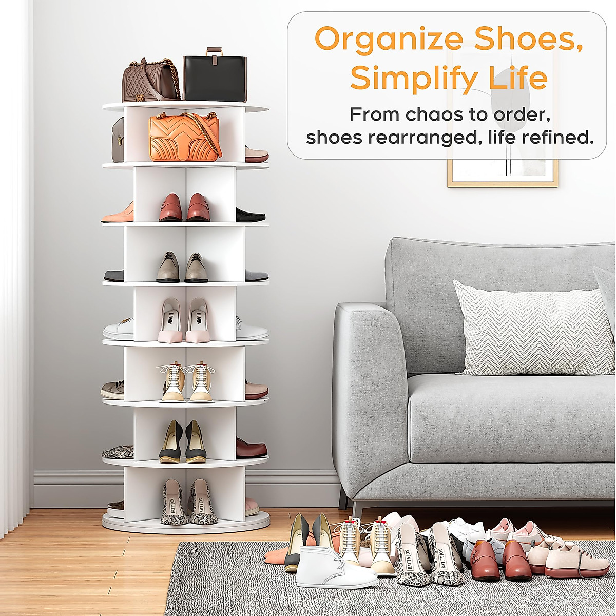 Brafab 7-Tier Rotating Shoe Rack Tower, 360-Degree Spinning Shoe Display Carousel, Revolving Vertical Shoe Shelf and Handbag Organizer Shelves for Closet Furniture, Round Lazy Susan Shoes Storage