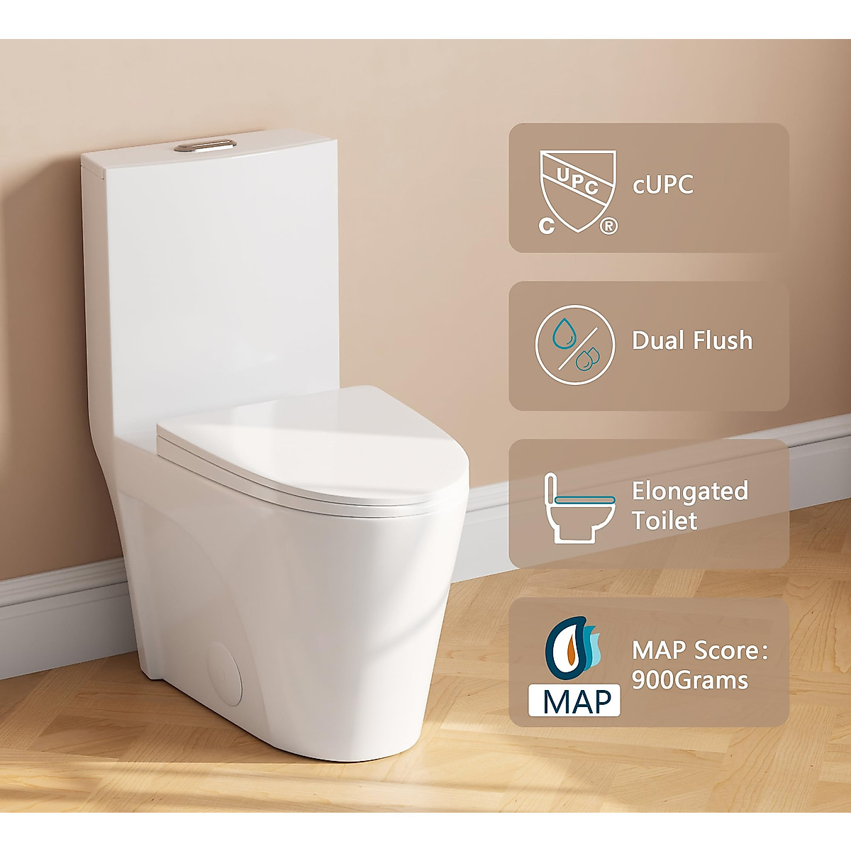 DeerValley Toilet, Elongated One Piece Toilet for Bathrooms, Comfortable Chair Seat Height 17", Dual Power Flush Toilet 1.1/1.6 GPF and MAP 900g, 12'' Rough-In Toilet Bowl