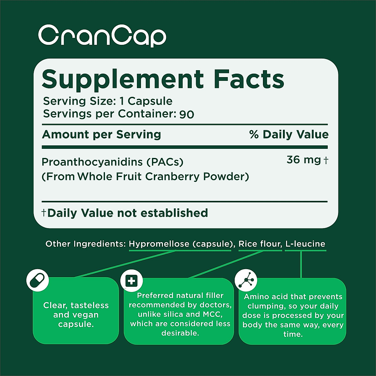 CranCap - Cranberry Pills - Urinary Tract Health Cranberry Supplement - 36mg of Potent PACs - Non GMO, Vegan, Gluten Free - by Heale - 90 Capsules