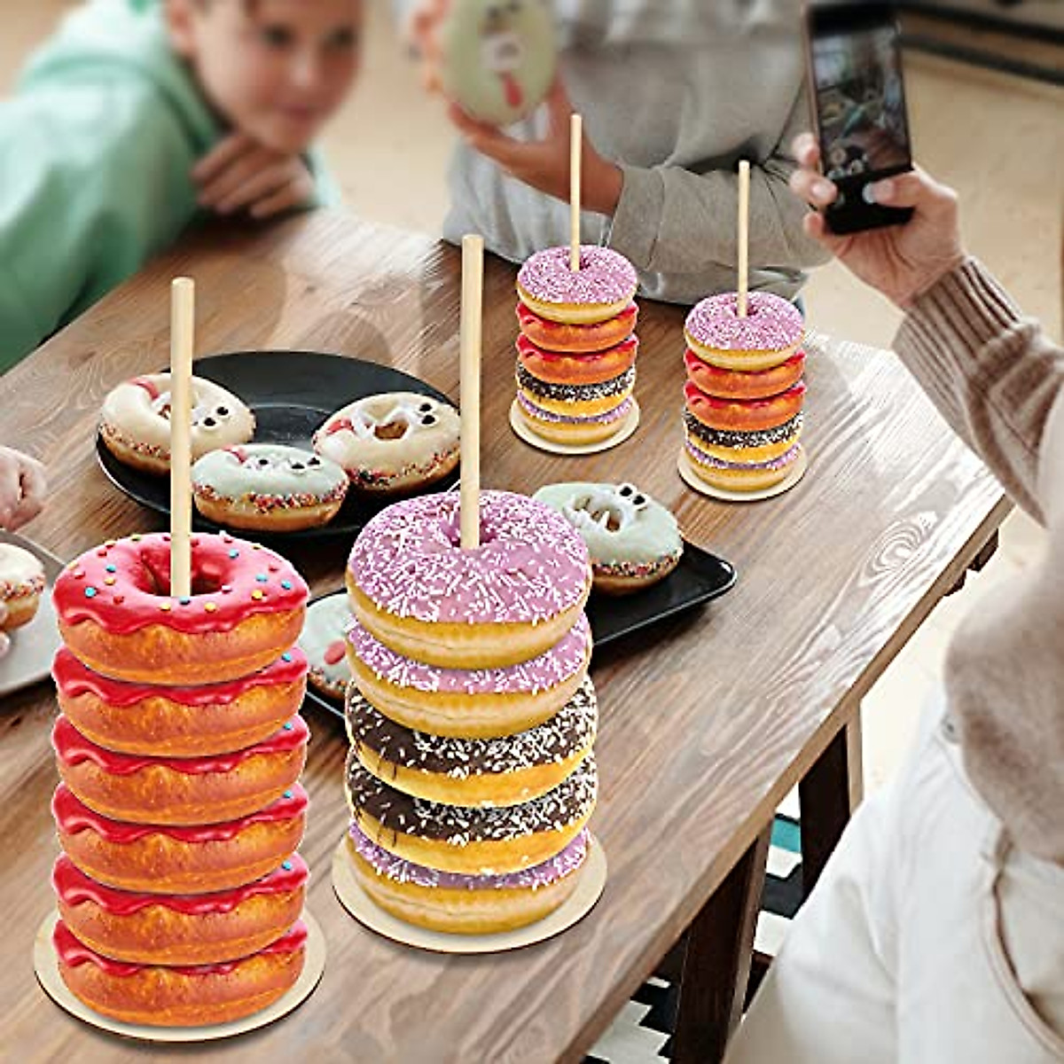Zsxdc 6 Pieces Wooden Donut Bagels Display Stand Holder Detachable Donut Display Stand Wood Donut Stand Bar for Party Wedding Birthday Treat Display Corner Decor