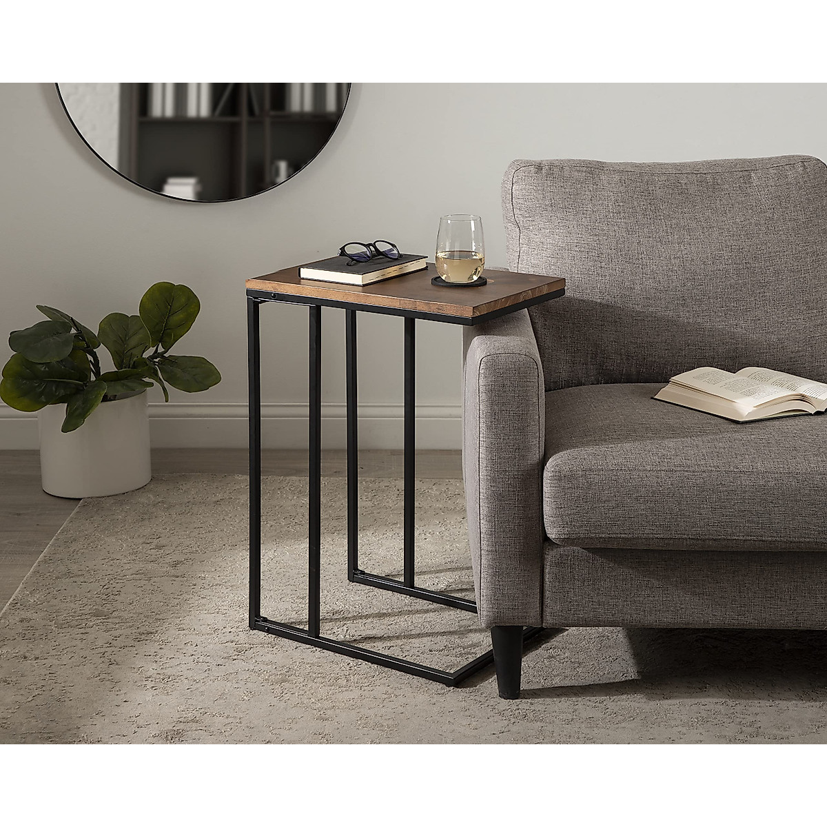 Kate and Laurel Lockridge Modern C-Shape End Decorative Minimalist Accent Table for Storage and Display, 19 x 12 x 27, Walnut Brown and Black