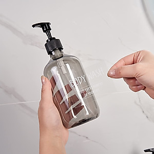 Plastic Refillable Shampoo Conditioner & Body Wash Pump Bottle Dispensers with Plastic Pumps, 16oz 3-Pack Shower Bottles with 6 Waterproof Label Stickers, Reusable Hand Soap Dish Soap Containers