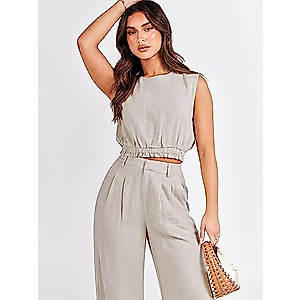 ANRABESS 2 Piece Outfits for Women Summer Vacation Beach Sleeveless Linen Crop Tank Top Casual Matching Lounge Sets Comfy Tracksuits Long Pants Jumpsuits 2023 Fashion Clothes A1102maxing-L