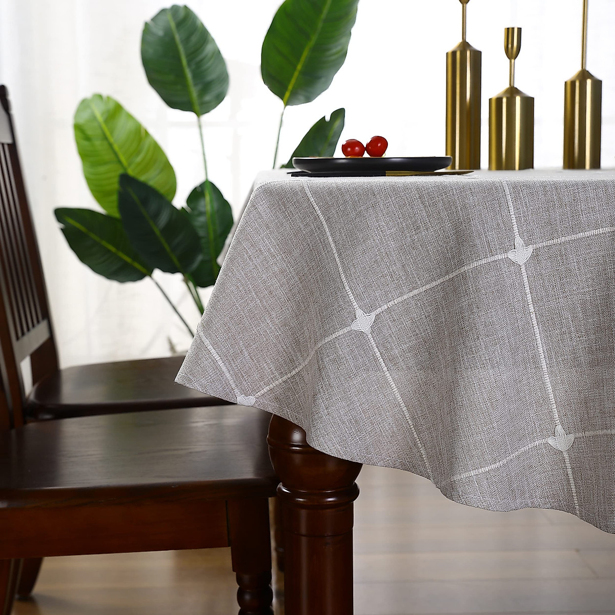 QsyyHome Lattice Oval Tablecloth Rustic Embroidery Cotton Linen Fabric Brown Checkered Table Cover Tablecloths for Kitchen Dining Party Tabletop Decoration 60 x 84 inches