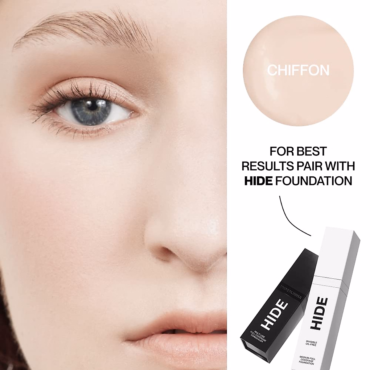 HIDE Liquid Concealer, Medium to Full Coverage Concealer for Blemishes, Under Eye Dark Circles & Scars, Oil Free Concealer, Chiffon (See Shade Finder), 0.5 fl oz