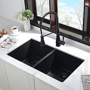 32 Inch Black Kitchen Sink Undermount-iAnomla 32x18 Inch Double Bowl Kitchen Sink 50/50 Black Quartz Composite Undermount Kitchen Sink
