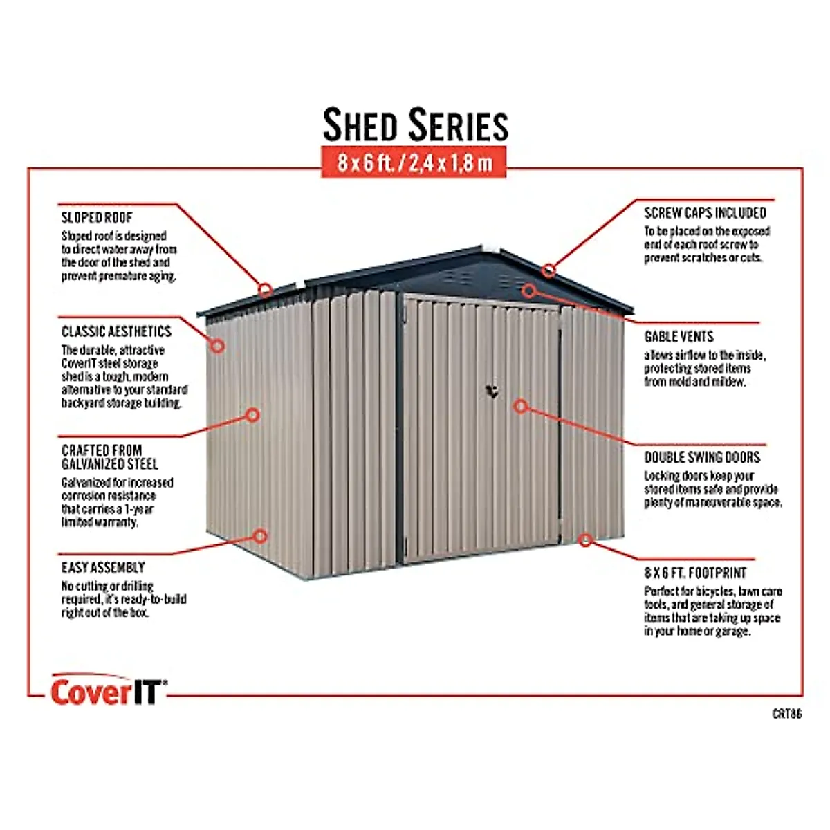Cover-It 8x6 Metal Outdoor Galvanized Steel Storage Shed with Swinging Double Lockable Doors for Backyard or Patio Storage of Bikes, Grills, Supplies, Tools, Toys, for Lawn, Garden, and Camping, Tan