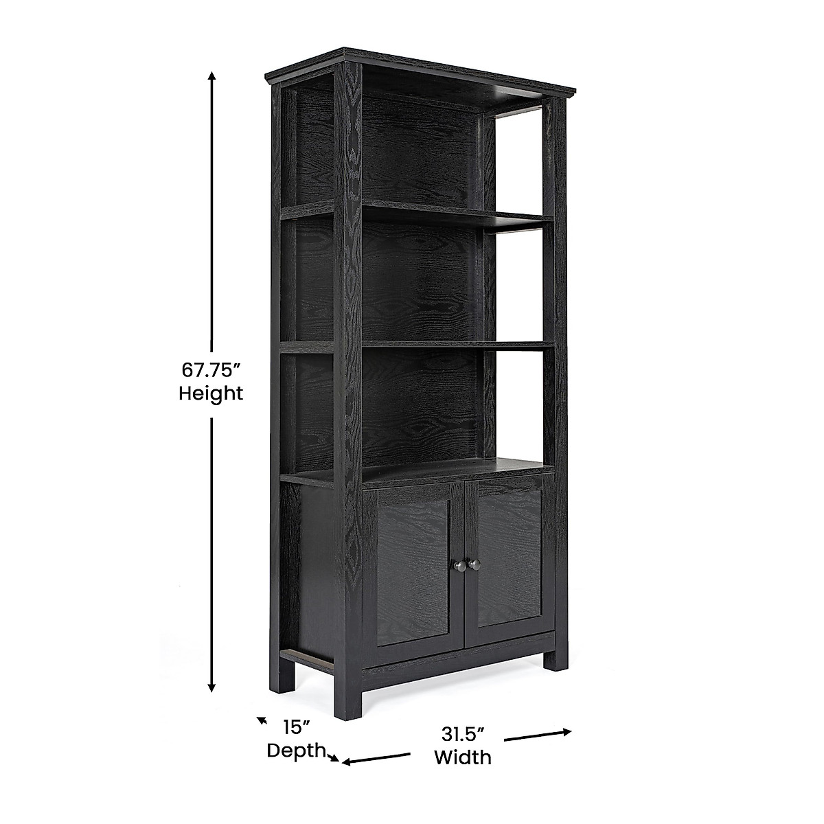 Merrick Lane Omaha Storage Cabinet Bookcase, Modern Farmhouse Cabinet with Open Shelves, Lower Storage Cabinet with Glass Doors, 67.75", Black