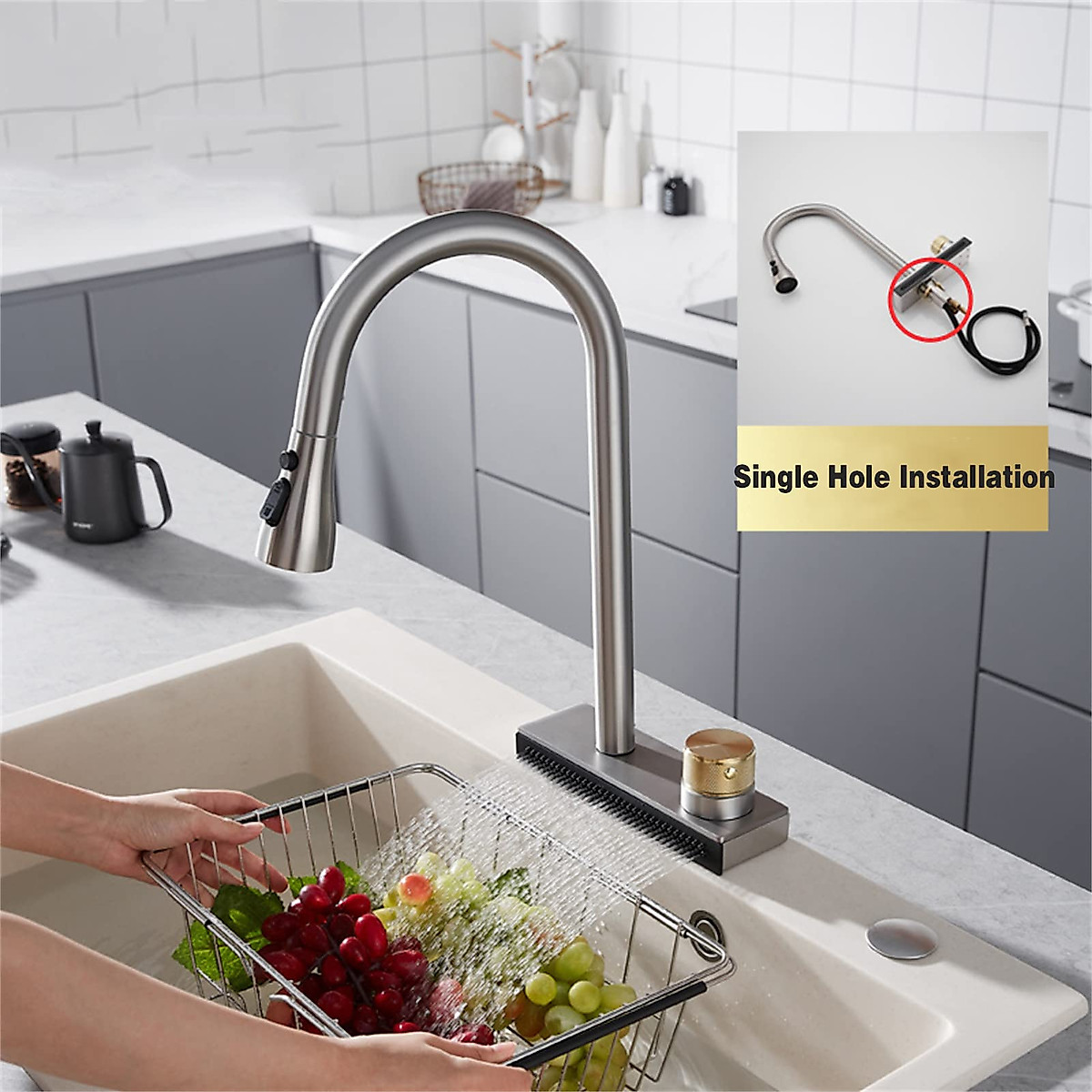WTEZRSRGG Kitchen Faucet Pull Out, Big Waterfall Kitchen Sink Faucet with 3 Functions Sprayers, Single Hole Sink Mixer Kitchen Tap with Rotate Button,Black (Color : Brushed Gunmetal)