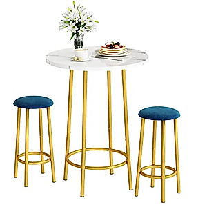 DKLGG 3 Piece Bar Table Set, Small Kitchen Table Set for 2, 24'' Round Pub Height Table Set with Faux Marble Table and 2 Stools Breakfast Nook Dining Table Set for Small Spaces, Dining Room, Blue