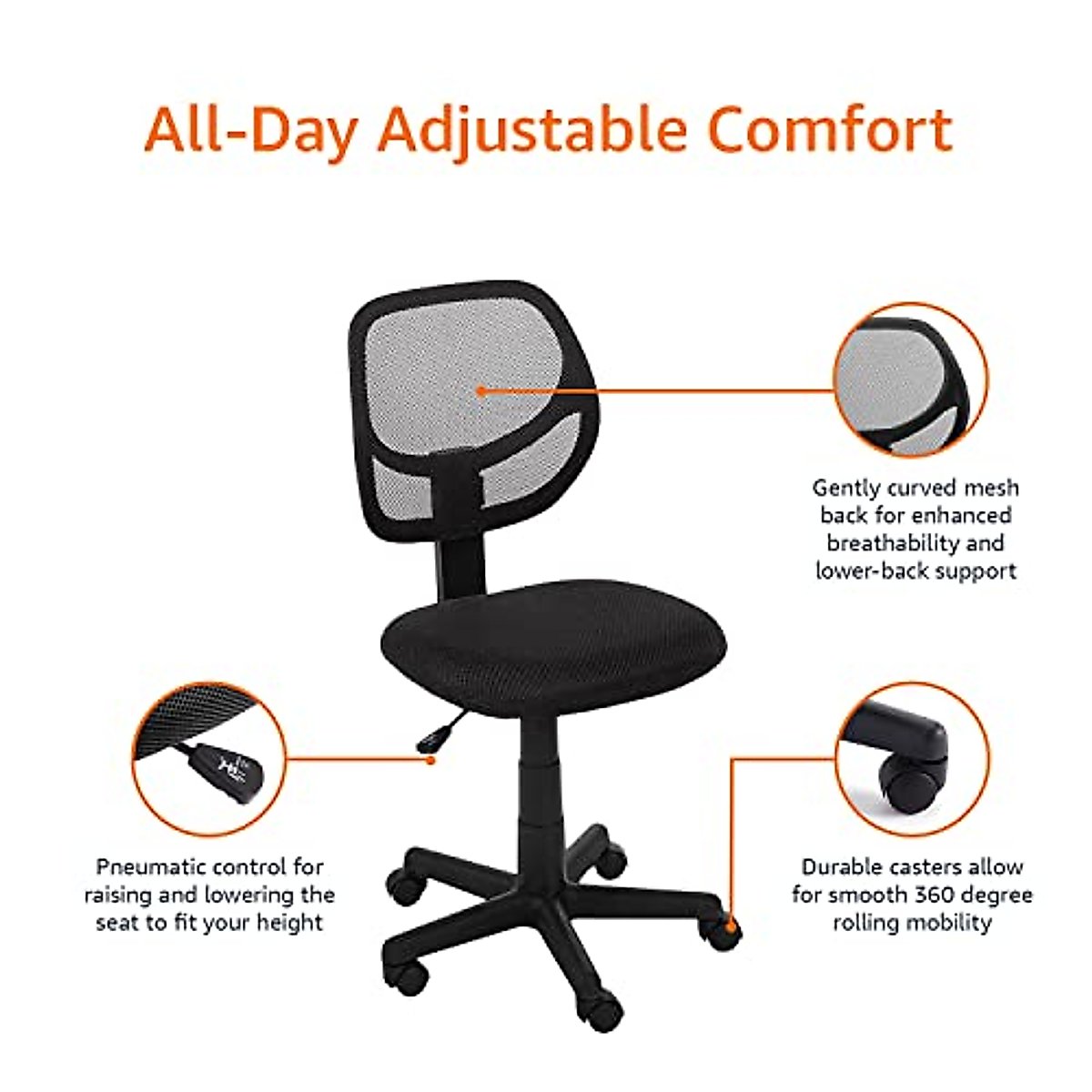 Amazon Basics Low-Back, Upholstered Mesh, Adjustable, Swivel Computer Office Desk Chair, Black