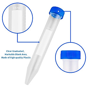 Ackers Conical Centrifuge Tubes 15mL, 100Pcs Sterile Plastic Test Tubes with Screw Caps, Polypropylene Container with Graduated and Write-on Spot, Non-Pyrogenic, DN/RNase Free | 2 Test Tube Racks