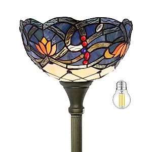 WERFACTORY Tiffany Floor Lamp Blue Lotus Flower Stained Glass Light 12X12X66 Inches Pole Torchiere Standing Corner Torch Uplight Decor Bedroom Living Room Home Office S220 Series