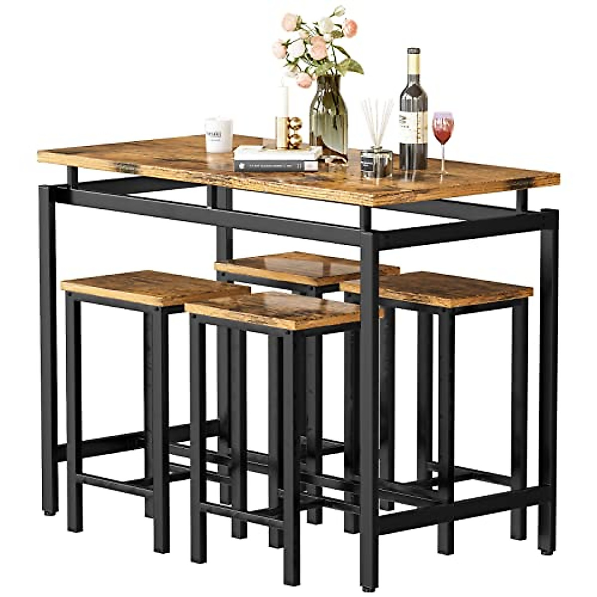 Recaceik Bar Table Set, 5 Pcs Dining Table Set, Modern Kitchen Table and Chairs for 4, Pub Table Set Farmhouse Counter Height Wood Top for Breakfast Living Room Small Space