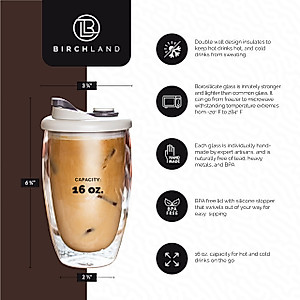 Birchland Double Wall Glass Coffee or Tea Mug with Lid 16 oz. Travel Coffee Mug, Insulated Coffee Tumbler Set of 2