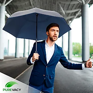 PUREVACY Reverse Umbrella with Sturdy Shaft, 8 Reinforced Ribs, Teflon Coating, Black-Navy Blue Inverted Umbrella Compact, Windproof Upside Down Umbrella for Women, Men, Inside Out Umbrella