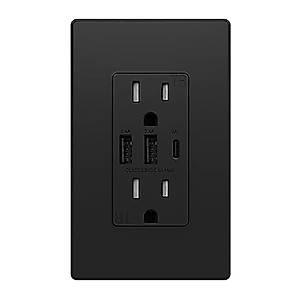 ELEGRP USB Outlets Receptacles, 3-Port USB C Wall Outlet, 30W 6.0A USB Electrical Outlet, 15 Amp Tamper-Resistant Outlet with USB C Ports, UL Listed, Screwless Wall Plate Included, 1 Pack, Matte Black