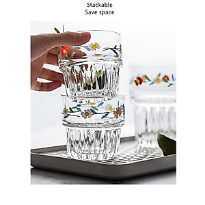 yaocoral Set of 2 Daisy Glass Coffee Cup Cute Drinking Glasses Stackable Daisy Glass Cups for Juice,Iced Coffee,Milk,Tea,Dessert,Flower Glassware Drinkware Set(blue)