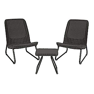 Keter Rio 3 Piece Resin Wicker Patio Furniture Set with Side Table and Outdoor Chairs, Dark Grey & Solana 70 Gallon Storage Bench Deck Box for Patio Furniture, Front Porch Decor