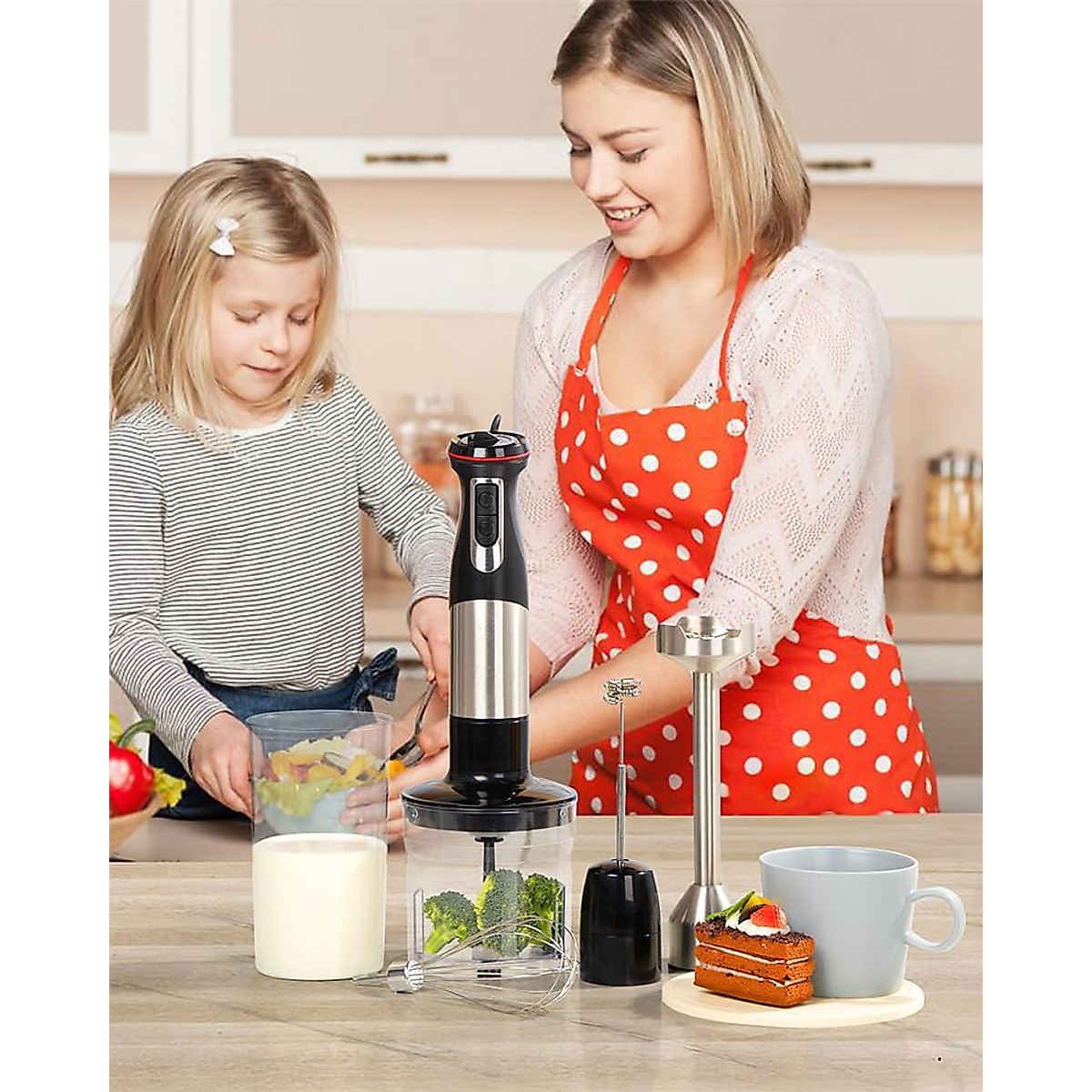 Brigii 800W Hand Blender, Immersion Hand Blender with 5 Mixing Speed, Handheld Blender Set including Blending Shaft, Food Chopper, Egg Whisk, Milk Frother, and Mixing Cup-Black