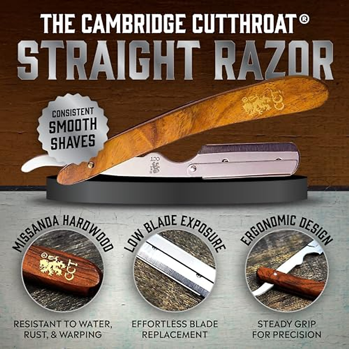 The Cambridge Cutthroat® Cut Throat Razor Kit with Blades & Travel Pouch - Missanda Hardwood & Stainless Steel Professional Barber Shaver Men - Straight Edge Moustache & Beard Shaper