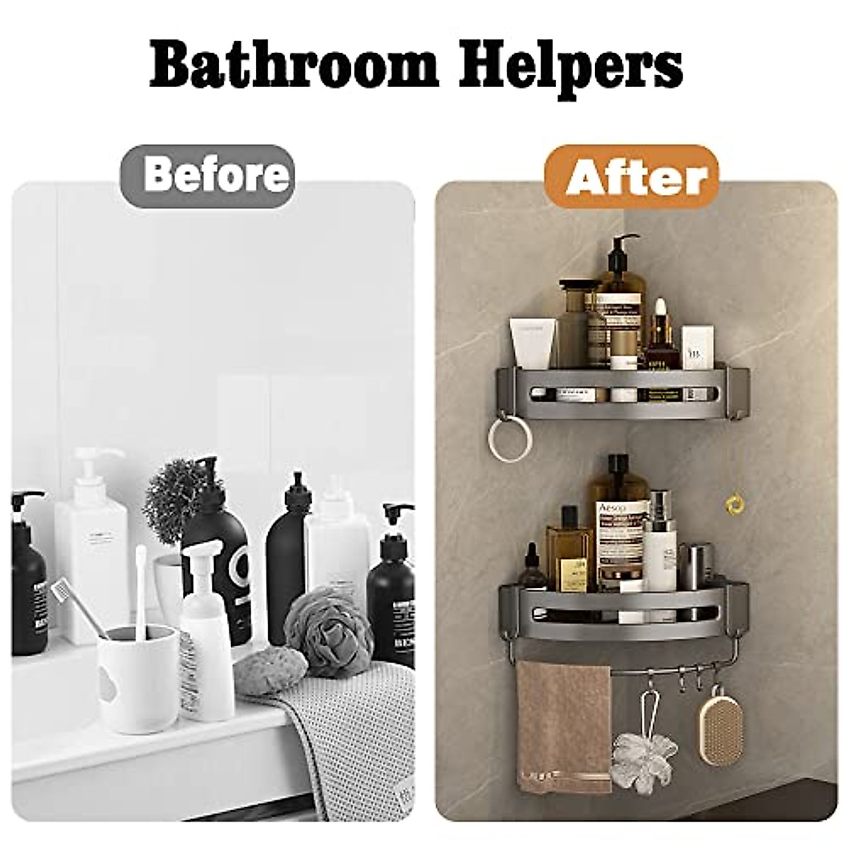 IMPHOM Shower Caddy Corner 2-Pack Shower Organizer Bathroom Shower Shelves with 8 Hooks Shower Caddy Shelf Organizer Rack,Large Capacity,Aluminum Shower Shelf for Inside Shower