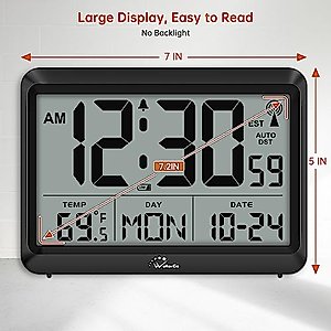 WallarGe Atomic Clock Battery Operated - Large Display Digital Alarm Clock with Seconds and Indoor Temeperature, 4 Time Zones, DST