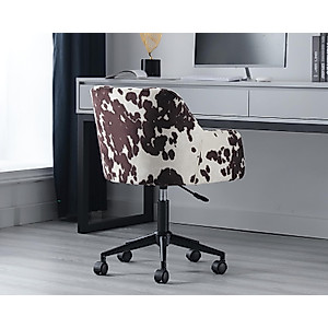 Modern Swivel Home Office Desk Chair with Wheels and Arms, Cow Print Velvet Height Adjustable Comfortable Ergonomic Upholstered Desk Chair, Wide Cute Cowhide Computer Armchair for Living Room Home
