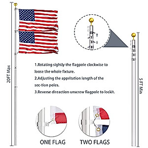 Hooomyai 20FT Telescopic Flag Pole Kit, Heavy Duty Aluminum Telescoping Flagpole Kit Fly 2 Flags, Outdoor In Ground Flagpole with 2 USA Flag & Gold Ball Top for Residential or Commercial, Silver