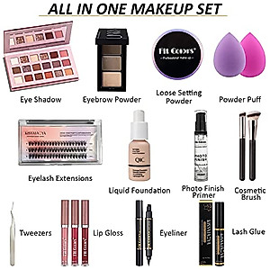 Lookmee All In One Makeup Essential Starter Kit for Beginners or Pros, 18 Colors Naked Eyeshadow Palette Nude Face Primer, Brush, Sponge, Eyebrow Powder, Winged Eyeliner Stamp (SetA)