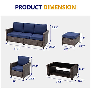 RoyalCraft 4 Piece Outdoor Patio Furniture Set, All-Weather Rattan Wicker Sectional Sofa Set with Glass Coffee Table, Outdoor Conversation Set for Balcony Backyard Porch, Blue Cushion