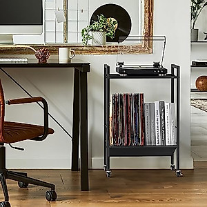 YBING Record Player Stand Black Record Player Table with Storage Up to 80 Albums Turntable Stand with Record Storage with Metal Frame and Wheels for Living Room Bedroom Office