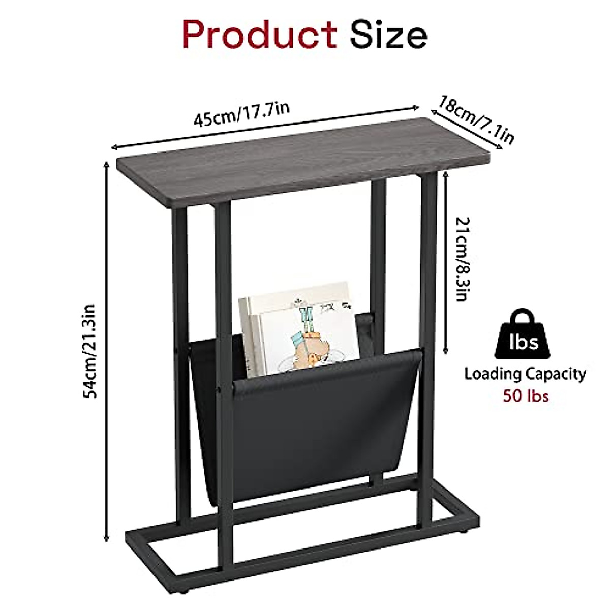 Yusong Small Narrow Side Table for Small Spaces, Slim End Table Magazine Table Nightstand with Storage Holder, Accent Skinny Snack Couch Bedside Table, Grey