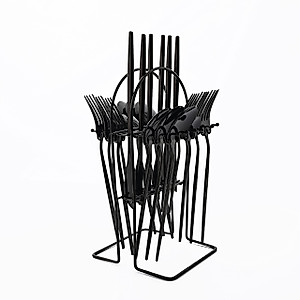 Uniturcky 24 Piece Hanging Flatware Set, Stainless Steel Family Kitchen Utensil Set with Rack, Cutlery set for 6 with Holder, Silverware Sets with Holder, Hanging flatware set, Mirror Polished(Black)