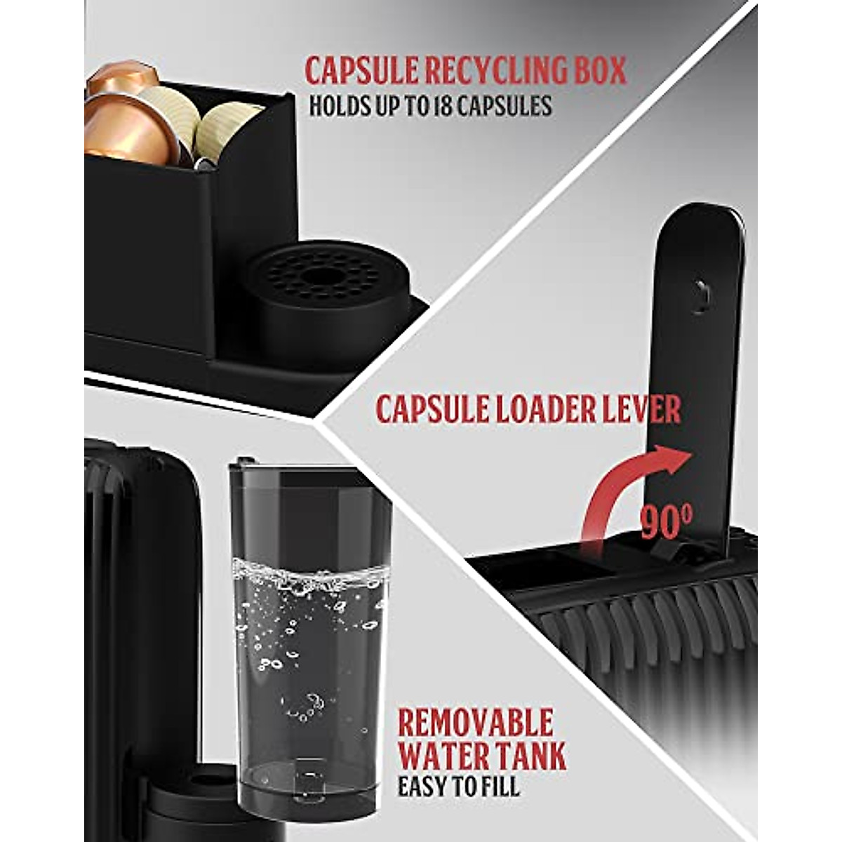 Gretess Espresso Machine, Coffee Machine Programmable Buttons for Espresso and Lungo, Capsule Coffee Maker, Italian 20 Bar High Pressure Pump, 34 Oz Water Tank, Black, OPT-07MB