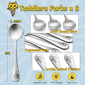 E-far Toddler Spoons, 6-Piece Stainless Steel Kids Utensils Spoon for Baby Self Feeding, Attached Portable Case & Cute Animal Pattern, Solid Metal & Small Size, Rust Free & Dishwasher Safe
