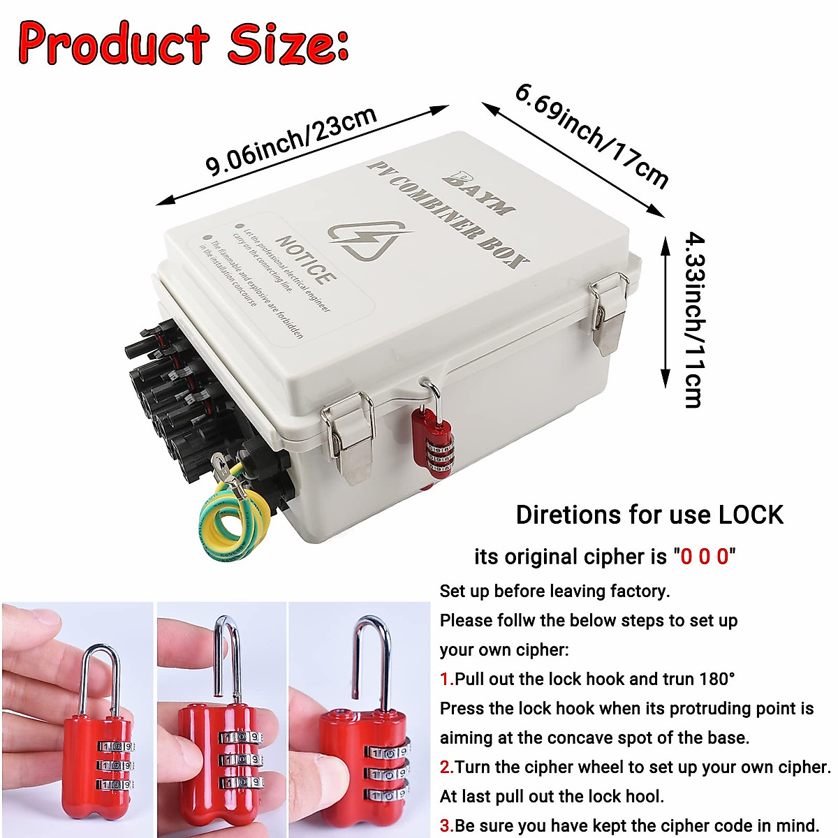 BAYM IP65 4 in 1 Out 15A 4 String Solar PV Array Plastic DC Combiner Box,4Pair Solar Connectors, Lightning Surge Protection, 63A 6ka MCB Lock Indicator,Waterproof Ventilation Valve