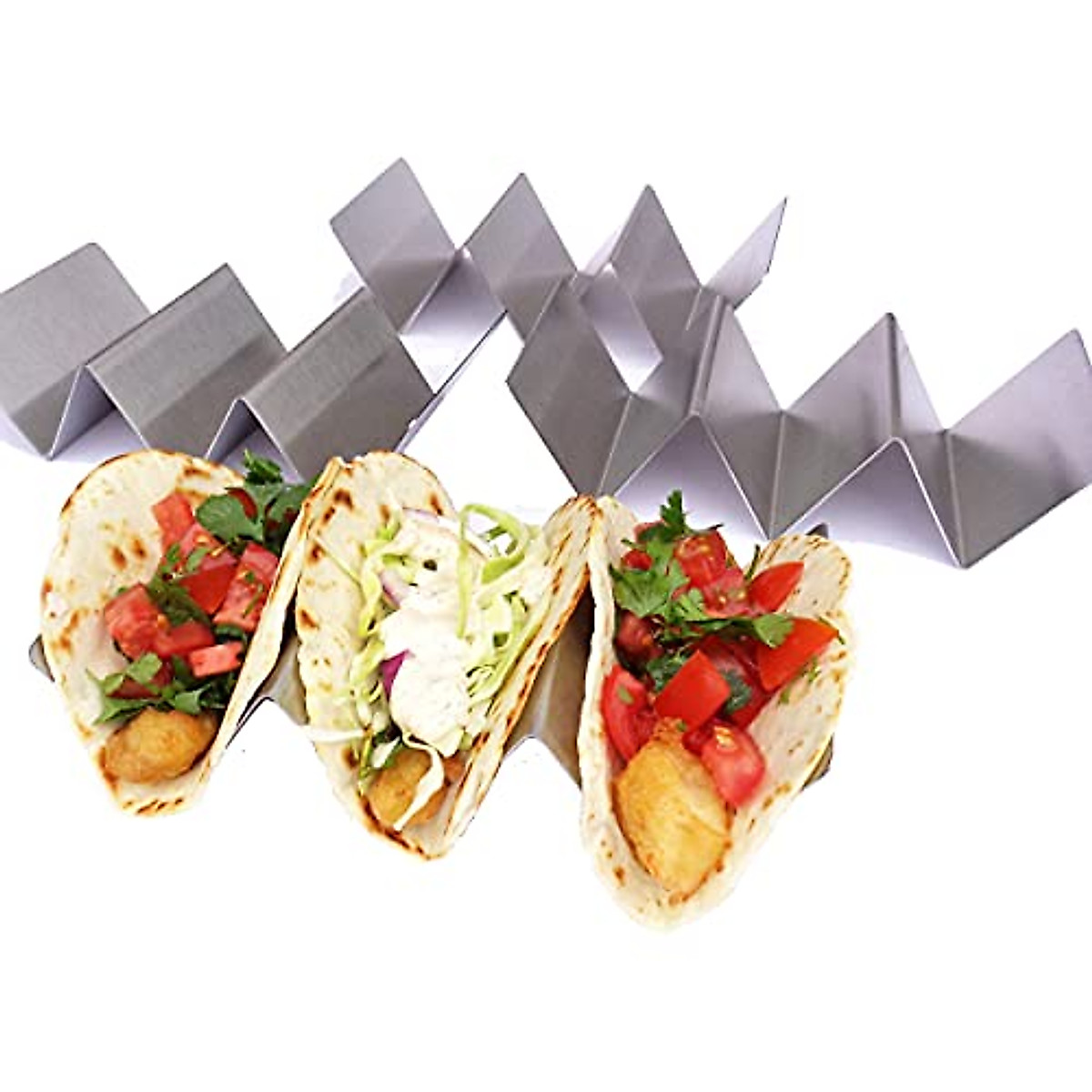 Taco Holder - Taco Holders, Stainless Steel with Free Recipe Ideas - Taco Stand Up Holder - Taco Stand - Taco Plates - Holds 3 Tacos - Dishwasher, Oven and Grill Safe (4 Pack)