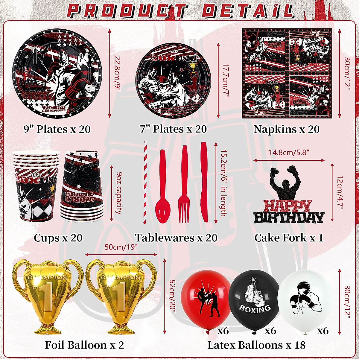 KEFAN Boxing Party decorations, Boxing birthday Party Supplies Packs, Fight Sports Wrestling Party Supplies including HAPPY BIRTHDAY Banner, Plates, Balloons, Boxing Party Set Serves 20 (Banner)
