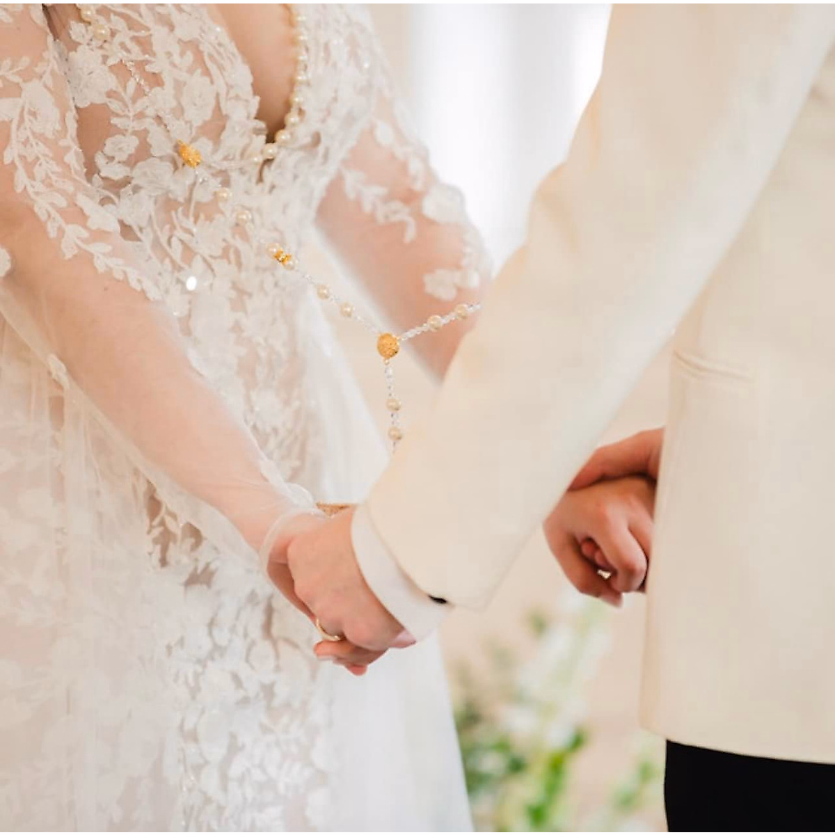 San Joaquin Creations Non-catholic Wedding Lasso Ivory Color Crystal Pearls Gold Plated With Rhinestones Heart/Lazo De Boda No Catolico