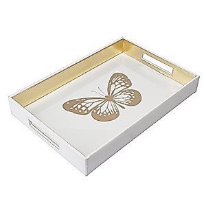 Zvasti Faux Leather Butterfly Printed Tray. White Faux Leather Trays for Coffee Table. Rectangle Tray with Handles