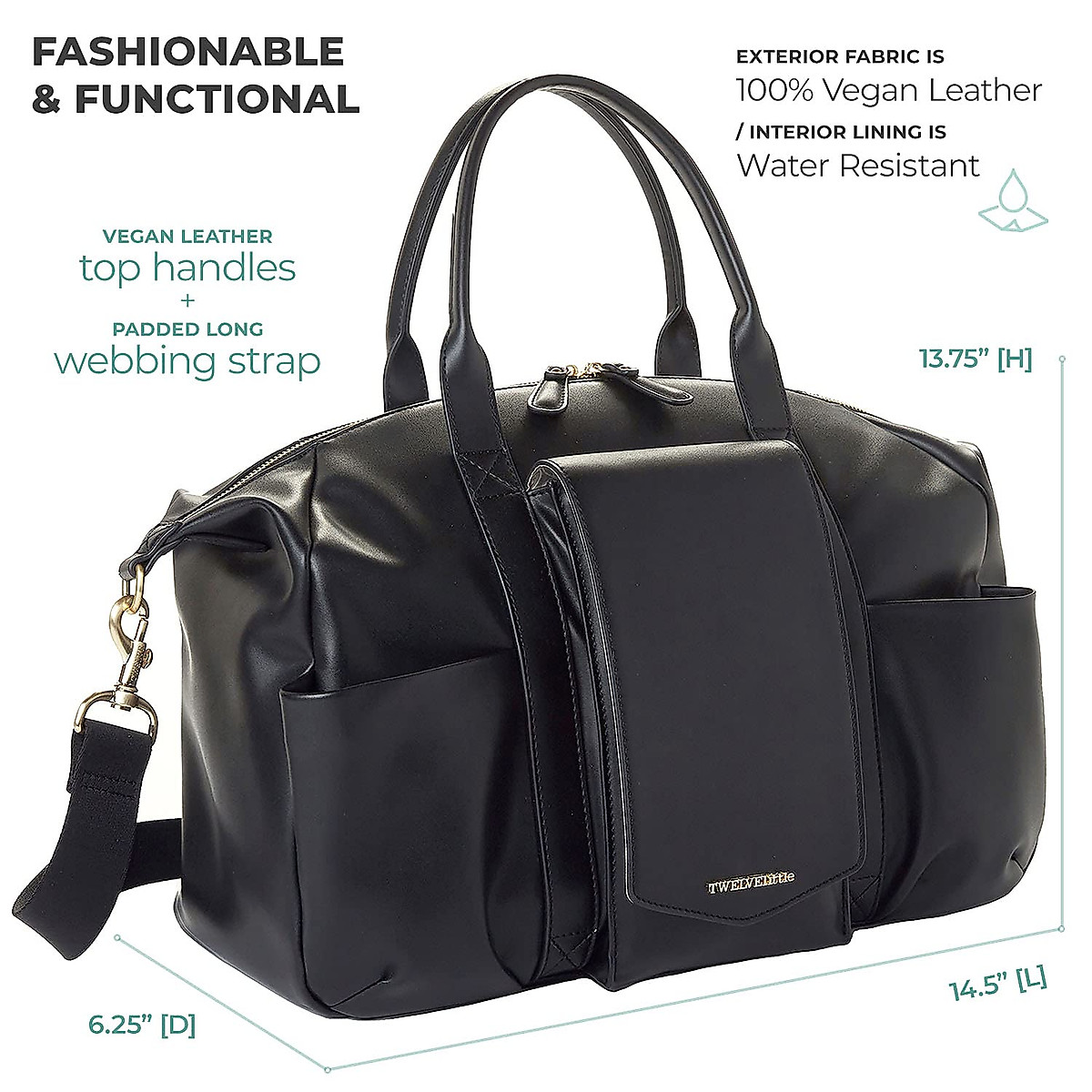 TWELVElittle Peek A Boo Vegan Leather Satchel Diaperbag - Baby Bag with Wipes Pouch, Stroller clips and Diaper Changing Mat, Black, Vegan Leather